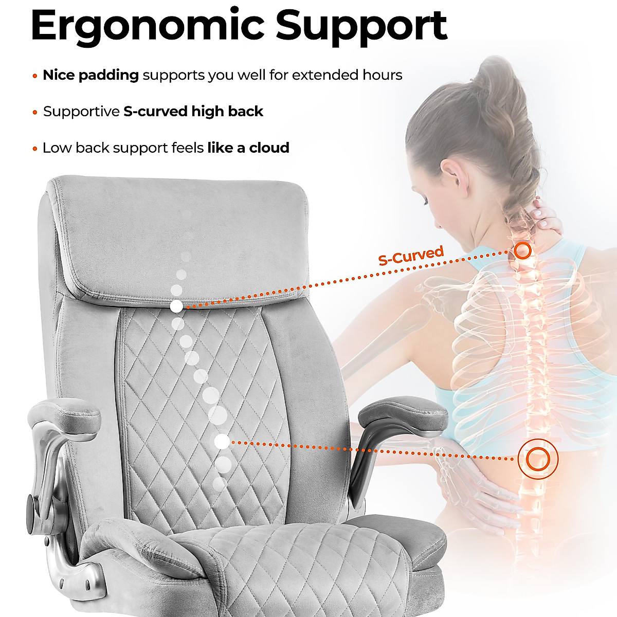 HOMYEDAMIC Velvet Ergonomic Office Chair, Adjustable Arms Wide Managerial Executive Home Desk Computer Chair Big and Tall with High Back Lumbar Support Wheels Comfortable(7013-Grey1)