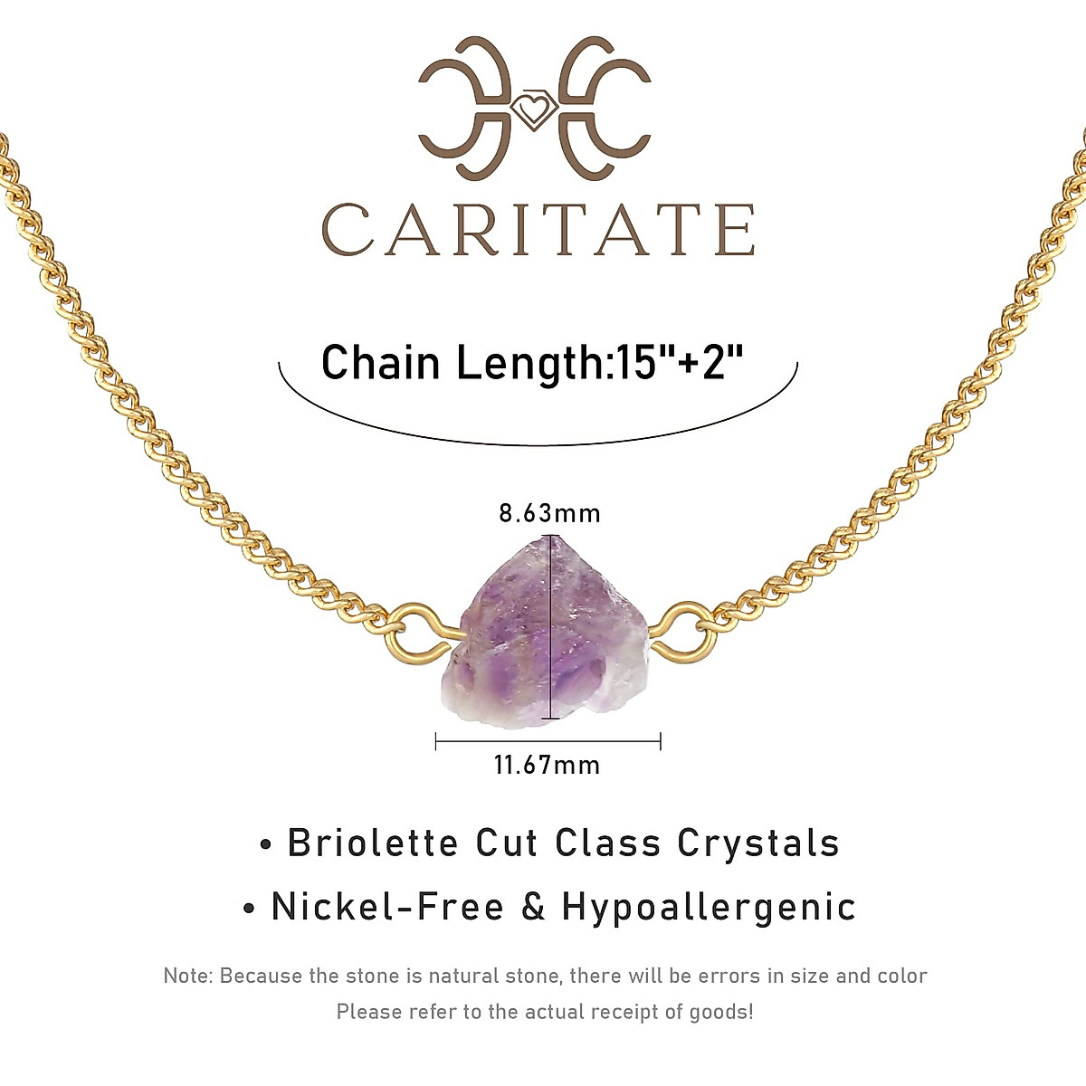 CARITATE Raw Amethyst Necklace Purple Necklace for Women as Spiritual Gifts - February Birthstone Natural Crystal Necklace as Healing Gifts for Women - Real Crystal Gemstone Jewelry Necklace