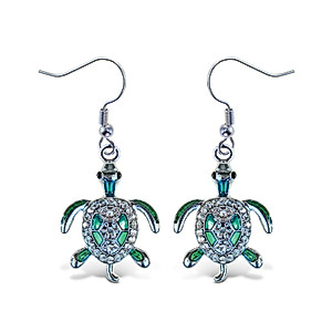 Puzzled Green Sea Turtle Sparkling Earrings - Cute Silver Fish Hook Dangle Earrings Plated in Silver Color with Zinc Alloy Dangling Charm Sparkly Pendant, Elegant Silver Earrings