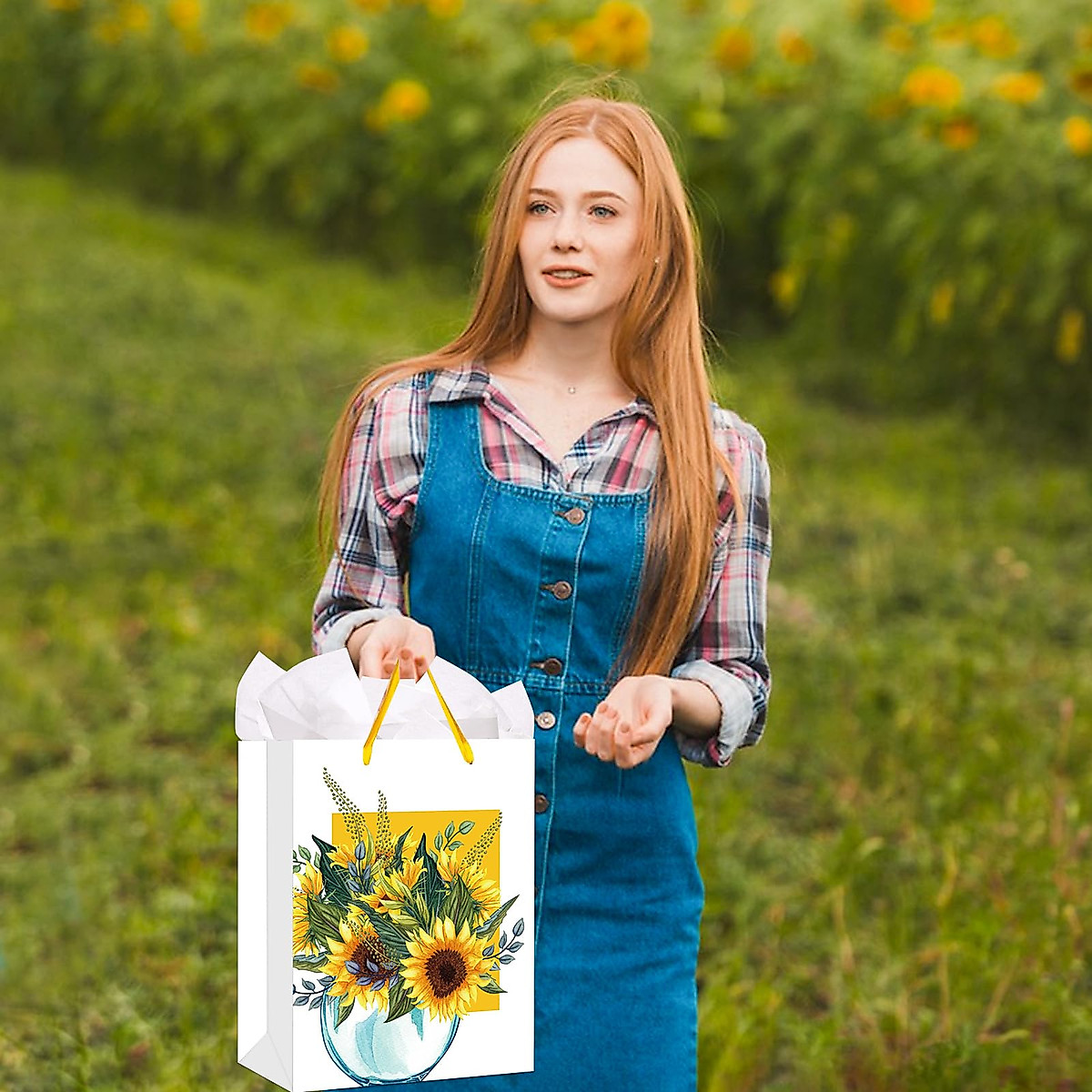 FaCraft Sunflower Gift Bag 13" Watercolor Flower and Vase Gift Bag Large Gift Bag with Tissue Paper for Birthdays, Mothers Day,Anniversary,Baby Shower,Bridal Shower Sunflower Party Supplies