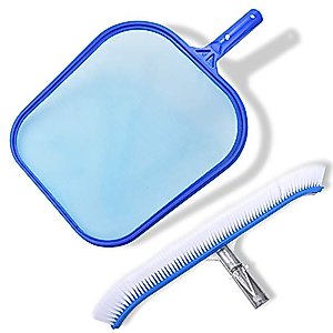 Swimming Pool Brush with Pool Skimmer Net Kit,17.5" Aluminum Pool Cleaning Brush with Nylon Pool Bristles, Heavy Duty Pool Fine Mesh Frame Net, Pool Cleaner Supplies(Pole not Included)
