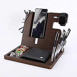 SOOMME Wood Phone Docking Station Ash Wallet Stand Watch Organizer Key Holder to Boyfriend Husband Wife Dad Birthday Nightstand Purse Father Graduation Male Travel Idea Gadgets