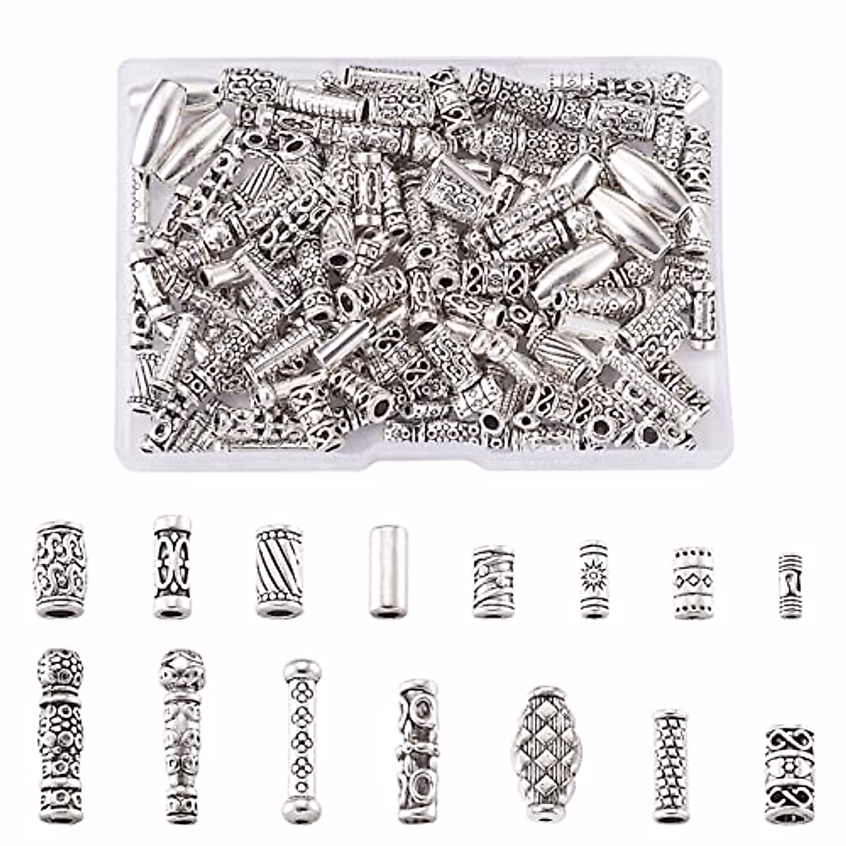 KISSITTY 150pcs/box 15 Style Antique Silver Tibetan Spacer Tube Beads Alloy Metal Charms for Bracelet Necklace Jewelry Making