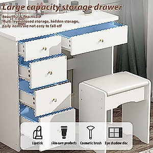 FUFU&GAGA Vanity Set with Mirror, Makeup Vanity Dressing Table with 5 Drawers, Shelves, Dresser Desk and Cushioned Stool Set (Lighted Mirror Vanity Set, 31.5" W x 15.7" D x 55.1" H)