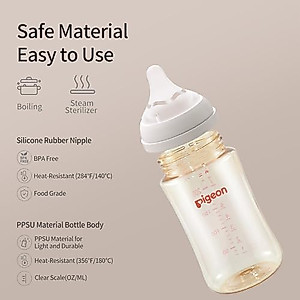 Pigeon PPSU Nursing Baby Bottle Wide Neck, Streamlined Body, Natural Feel, Easy to Clean, 8.1 Oz(Pack of 2), Includes 2pcs M Nipples (3m+)