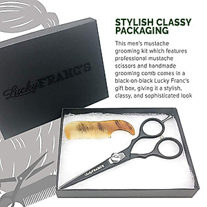 Lucky Franc's Beard Grooming Kit with Japanese Beard Scissors & Ox Horn Handmade Mini Beard Combs for Men. Mustache Trimming Kit with Mustache Hair Scissors and Comb for Men. Handmade Beard Care Kit