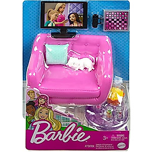 Barbie Indoor Furniture Playset, Living Room Includes Kitten, Furniture and Accessories for Movie and Game Night