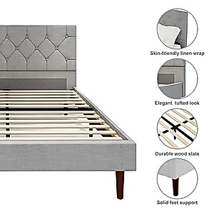 Yegee Upholstered Platform Bed Frame Wood Slat Support No Box Spring Needed Deep Button Tufting Headboard Solid Wood Foot (Grey, Queen)