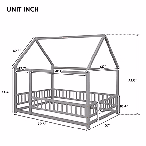 HZHOME Size House Floor Bed Wooden Montessori Bed with Fence and Roof for Kids Playhouse Style Bed Frame for Girls Boys Teens, Grey