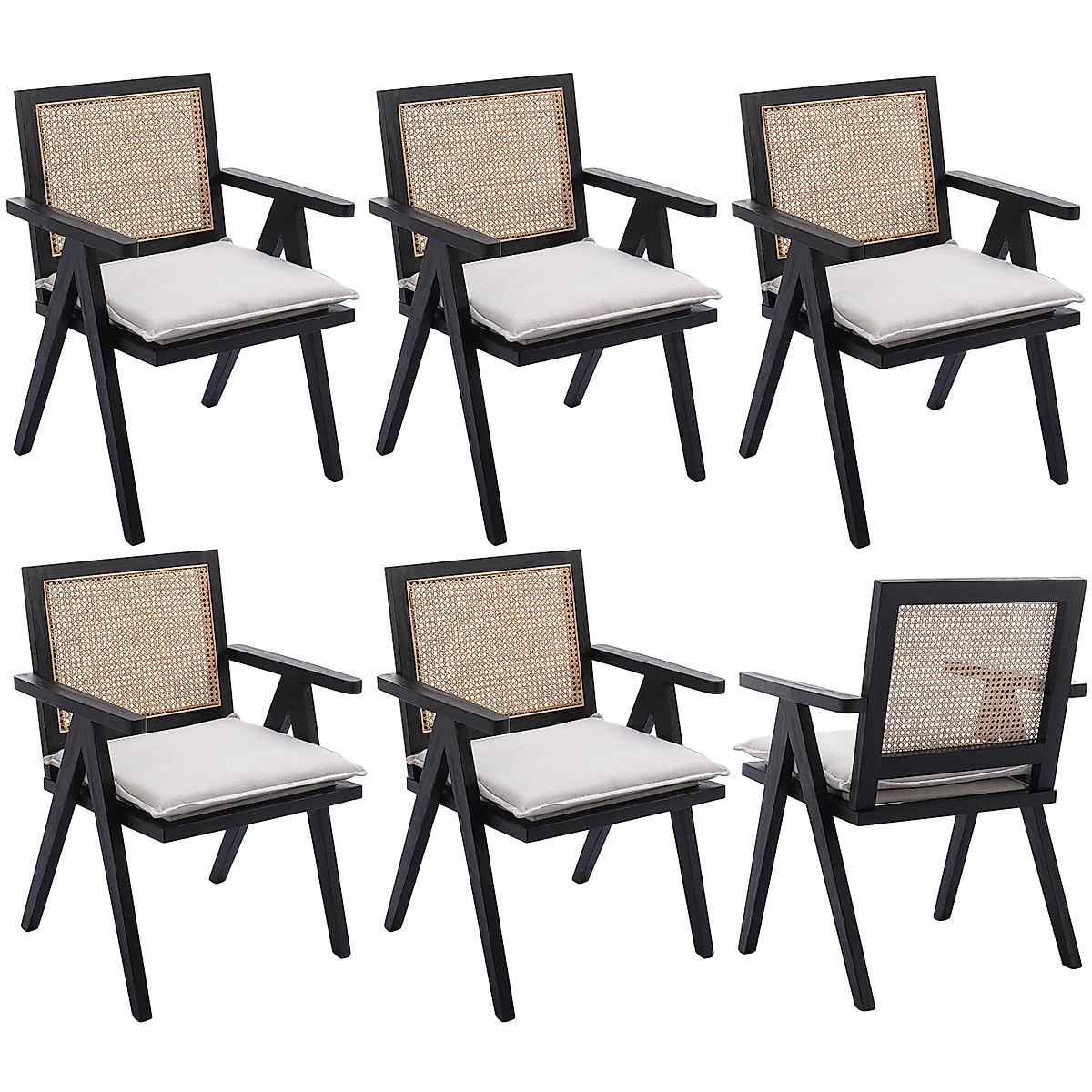 Guyou French Rattan Woven Dining Chairs Set of 6, Upholstered Dining Room Arm Chairs with Cane Back Mid Century Retro Side Chairs (Black Finish and Cream Fabric)