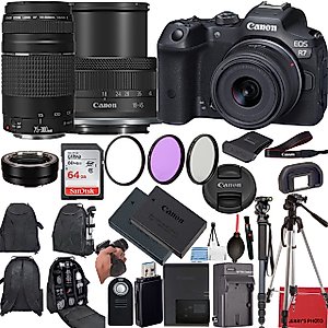 Canon EOS R7 Mirrorless Camera with 18-45mm & EF 75-300mm Lenses + Mount Adapter + 20 Essential Accessories for Content Creators