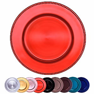 DaCakeWS Metallic Red Bead Charger Plates 13inch, Set 10PCS Plastic Round charger plates bulk wedding, Dinner,Wedding,Party,Event,Decoration(Beaded Red 10)