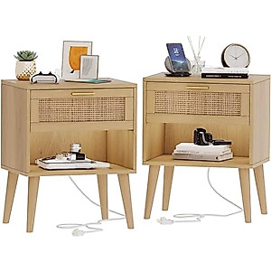 Irontar Nightstands Set of 2, Night Stands with Charging Station & Rattan Drawer, Boho Style Bed Side Tables with Solid Legs, Accent End Table with Open Storage for Bedroom, Natural BZZ007ME02