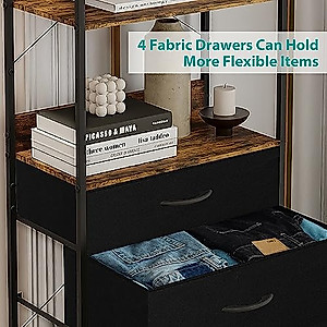 VASICAR 4-Tier Tall Bookshelf with 4 Drawers, Multifunctional Open Bookcase, Storage Shelf Dresser for Living Room, Office, Bedroom, Kitchen, Free Drawer Divider (Black)