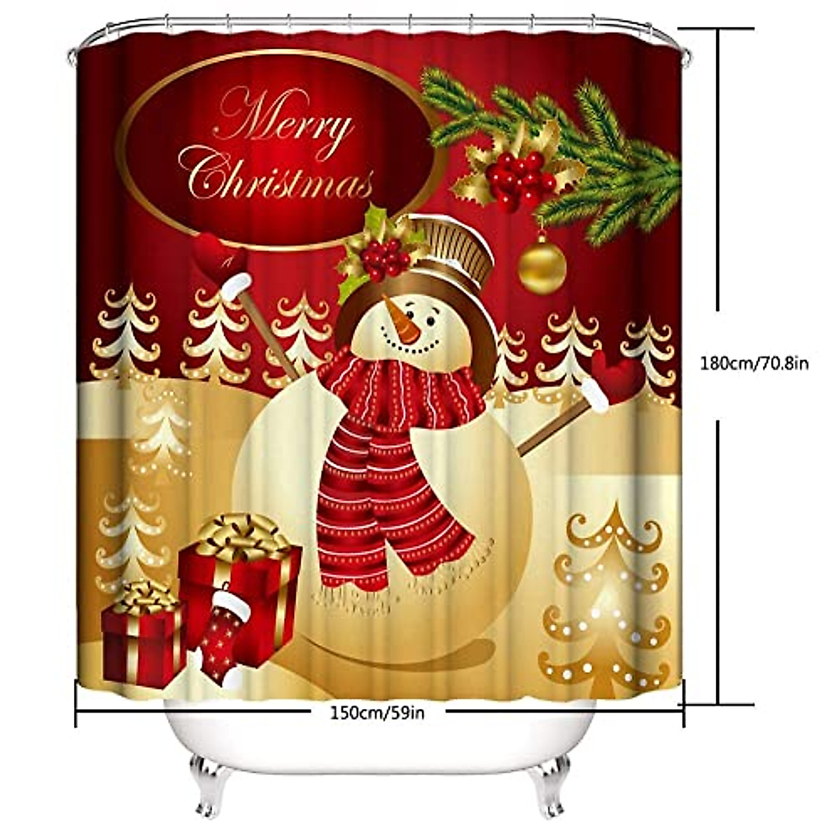 Novobey 4 Pcs Merry Christmas Shower Curtain Sets with Non-Slip Bathroom Rugs, Lid Toilet Cover, Bath Mat, Shower Curtain Christmas Bathroom Decor