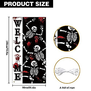 SENSEVEN Halloween Skull Door Banner, Scary Spooky Skeleton Halloween Welcome Door Cover, Day of The Dead Skeleton Halloween Holiday Porch Sign Door Decor Backdrop Banner 70.9 x 35.4 Inches