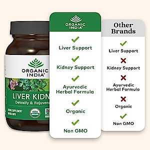 ORGANIC INDIA Liver Kidney Herbal Supplement - Detoxify & Rejuvenate, Supports Healthy Liver & Kidney Function, Vegan, Gluten-Free, Kosher, USDA Certified Organic, Non-GMO - 90 Capsules