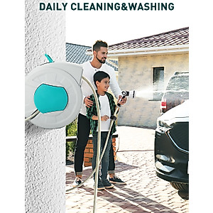 Rengue Retractable Garden Hose Reel, 1/2" x 100 ft Wall Mounted Hose Reel with 10 Pattern Nozzle, Automatic Slow Rewind, Any Length Lock, 180° Swivel Bracket, Ideal for Garden Watering