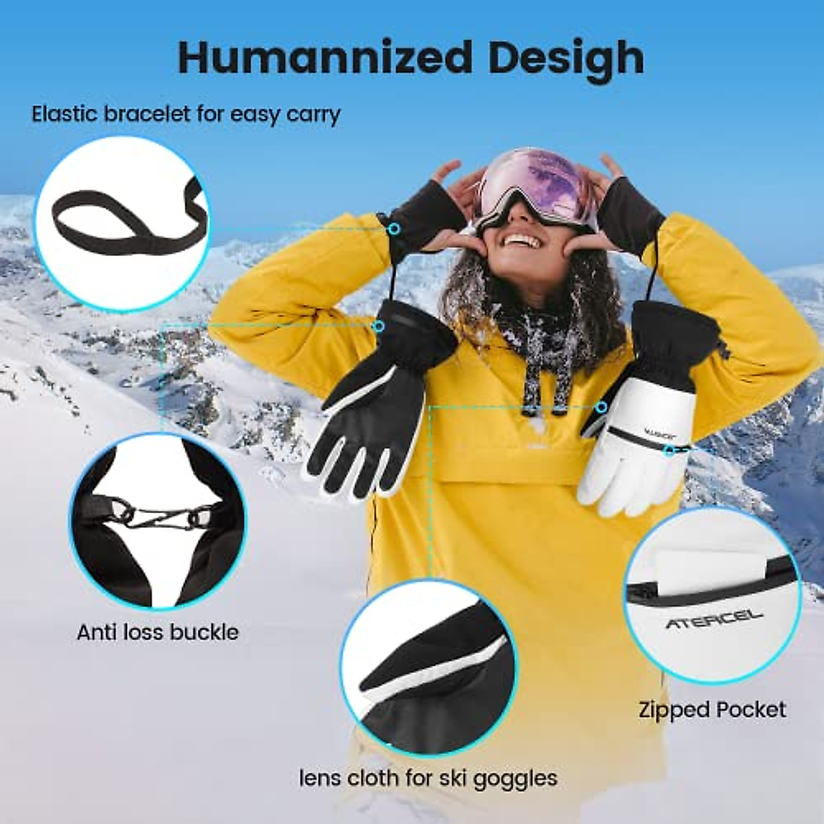 ATERCEL Waterproof Touchscreen Ski Gloves, Snow Gloves for Snowboard, Snowmobile, Winter Hiking for Man and Women, Suitable in Cold Weather(White, Small)