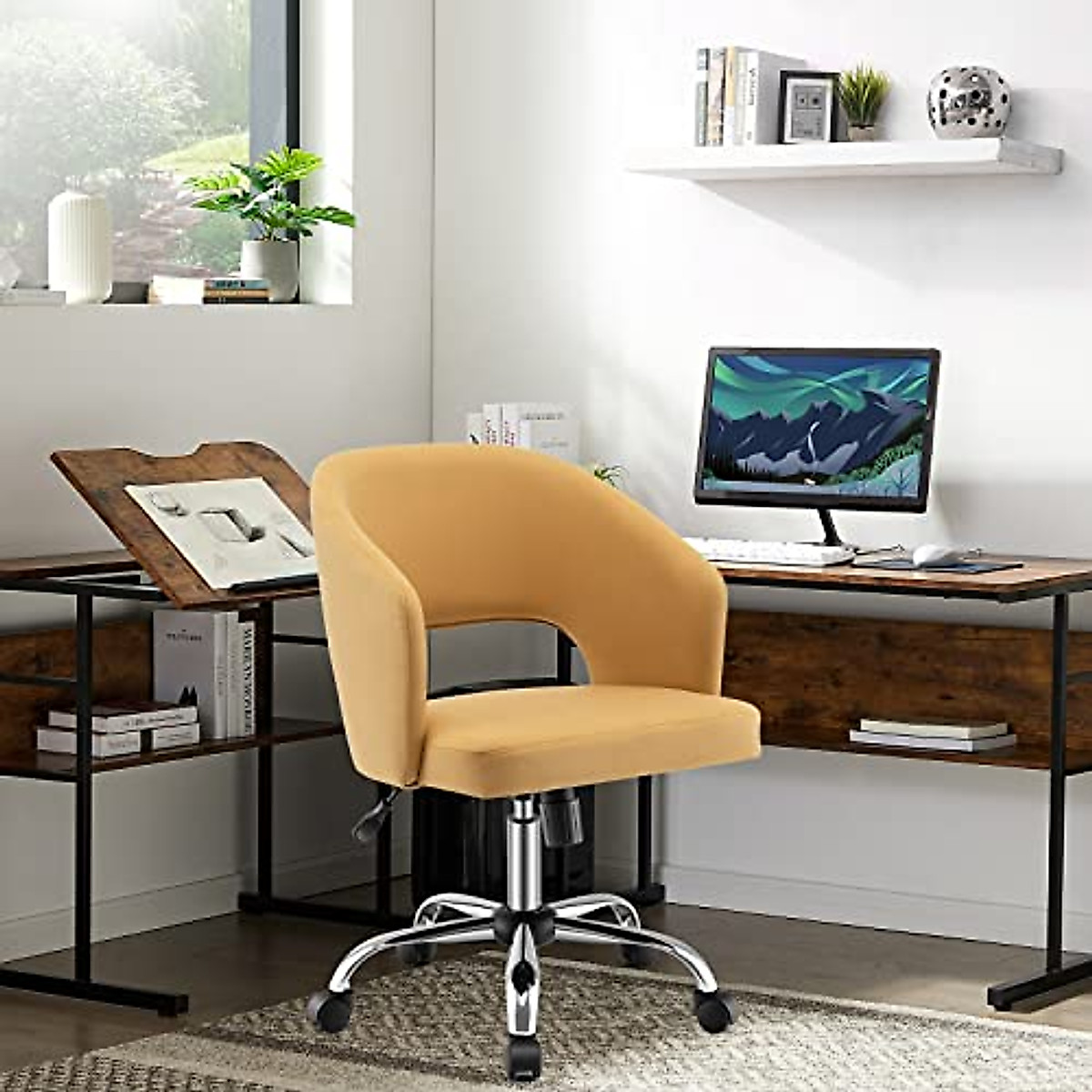 Giantex Home Office Desk Chair, Comfy Upholstered Chair with Hollow Design & Height Adjustable, Modern Rolling Swivel Armchair Chair, Leisure Task Cute Chair for Living Room Study Vanity, Yellow