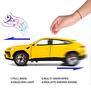 BDTCTK Compatible for 1:24 Lambo Urus Car Model, Diecast Pull Back Car Toy car, Doors Open, Light and Sound, Boys Toys Kids Adults Gifts Yellow