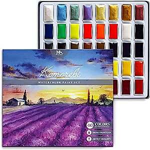 Mozart Premium Japanese Watercolor Paint Set – 40 Rich Water Color –Include Solid, Metallic & Neon Water Colors – Artist Quality– Watercolor Paint Perfect Travel Watercolor Set for Adults, Students