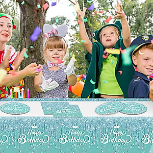 Juhap 41 Pcs Teal and Silver Tableware Set for Happy Birthday Table Decorations Blue Birthday Theme Dessert Plates Napkins Tablecloth for 20 Guests Girls Women Silver Glitter Birthday Party Supplies