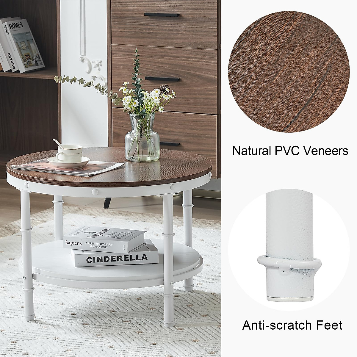 VINGLI 25.6" Rustic Oak White Round Farmhouse Coffee Table, 2-Tier Storage Wood Center Circle Accent Table for Living Room, Bedroom, Apartment, Studio and Small Spaces, Sturdy Metal Frame