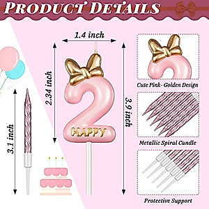 Pink Birthday Candle Girl,Number Birthday Cake Topper with 10 Pieces Rose Gold Birthday Candles Long Thin Cupcake Candles in Holders for Cake Topper Birthday Baking Decor Supplies (Number 2 Style)