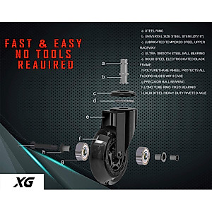 Office Chair Caster with RGB Color Changing Lights Set of 5 Rubber Replacement, Heavy Duty Universal Quiet Rolling Casters Fit Standard Office Chair for Hardwood Floors, Tiles and Carpet