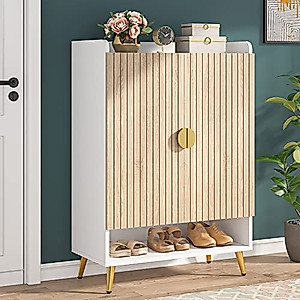 Tribesigns Shoe Cabinet with Doors, 7-Tier Shoe Storage Cabinet with Adjustable Shelves, Wooden Shoes Rack Shoe Storage Organizer for Entryway, Hallway, Closet, Living Room, Wood Color