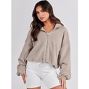 ANRABESS Women's Sweatshirts Full Zip Up Bomber Jacket Oversized Fleece Crop Sherpa Coat Long Sleeve High Neck Teddy Winter Pullover Active Sport Tops Outwear 1097 M, Khaki