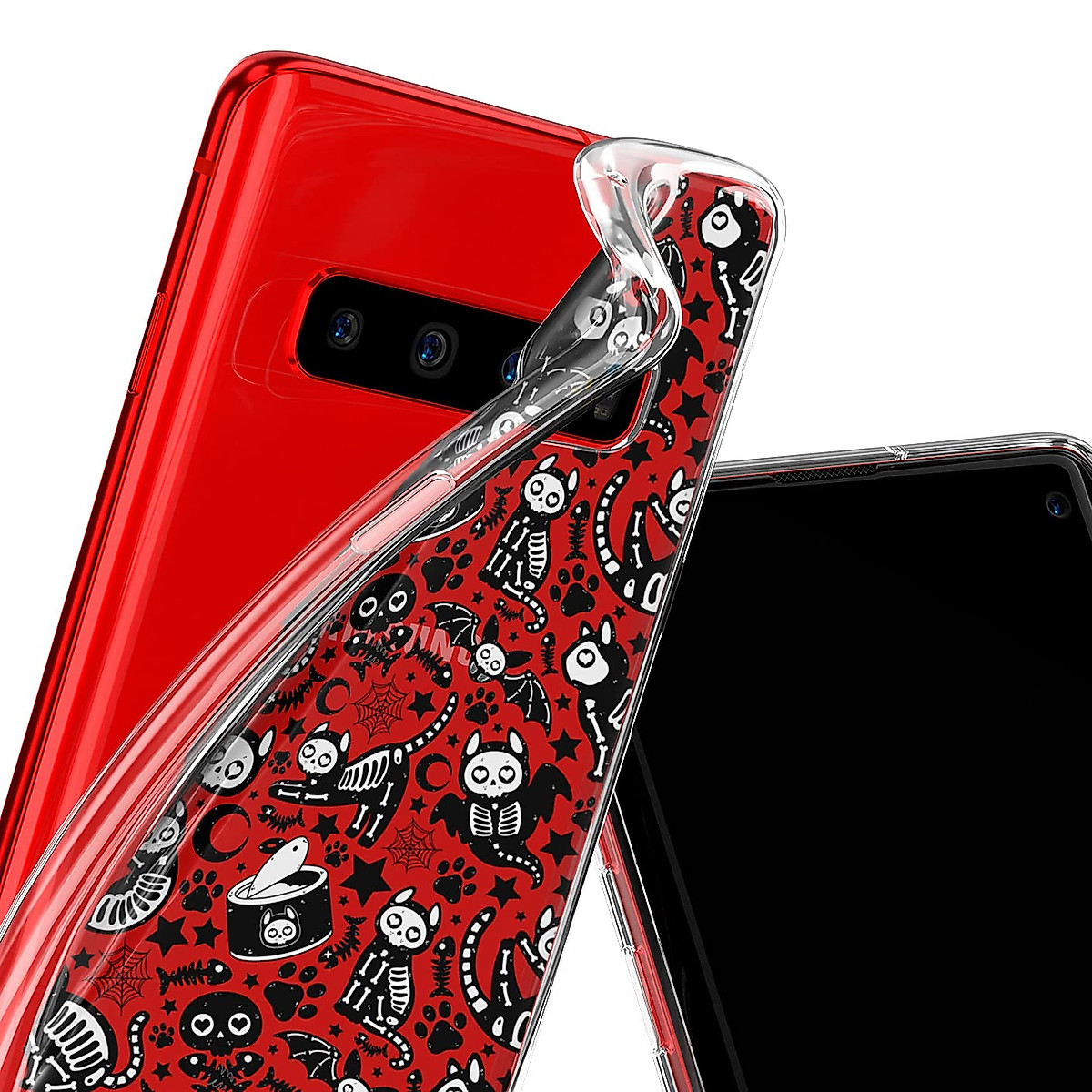 TPU Phone Case Compatible with Samsung A72 A71 5G A70 A51 A50 A32 A21 A11 A12 A13 A14 A01 Flexible Paws Spooky Cats Soft Silicone Bones Skeletons Durable Black Cute Shockproof Protective