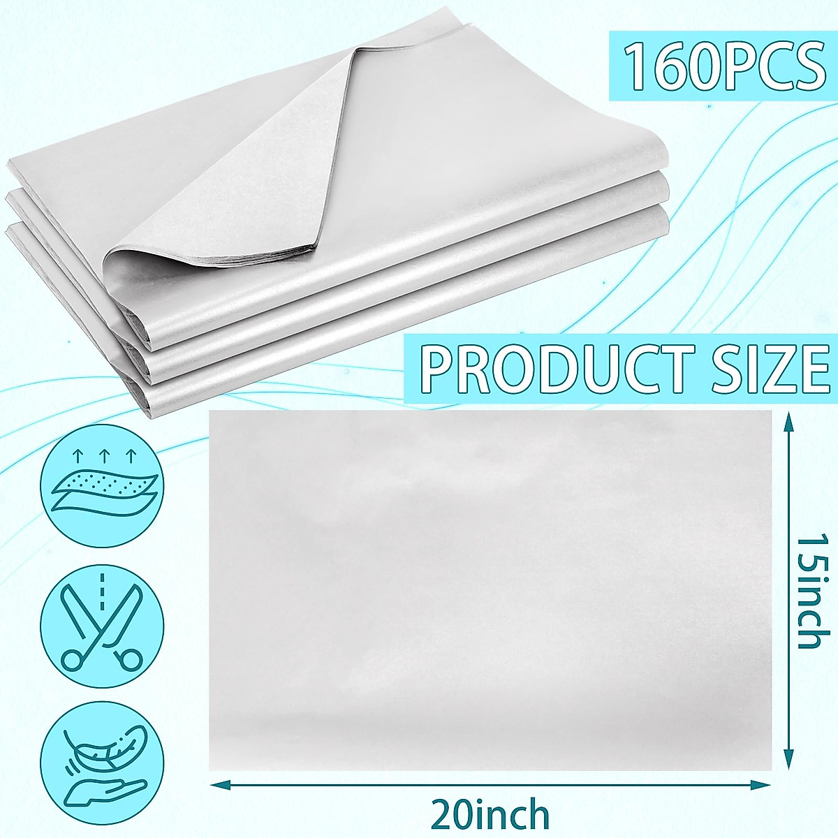 VOKOY 160 Sheets 15" x 20" Silver Tissue Paper, Large Metallic Wrapping Tissue Paper Bulk Tissue Paper for Clothes Textiles Linens Storage Gift Bags Halloween Thanksgiving Christmas