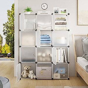 MAGINELS Cube Storage Organizer,12-Cubes Shelf Unit with Door and Metal Mesh. Large Capacity Storage Books,Toy and Clothes Organizers Cabinet. Ideal for Home, Bedroom,Office, Bookroom,White(14x14inch)