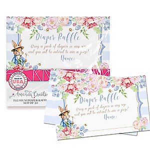 Little Rabbit Floral Themed Diaper Raffle Tickets for Boy Baby Showers, 20 2" X 3” Double Sided Insert Cards for Games by AmandaCreation, Bring a Pack of Diapers to Win Favors & Prizes!