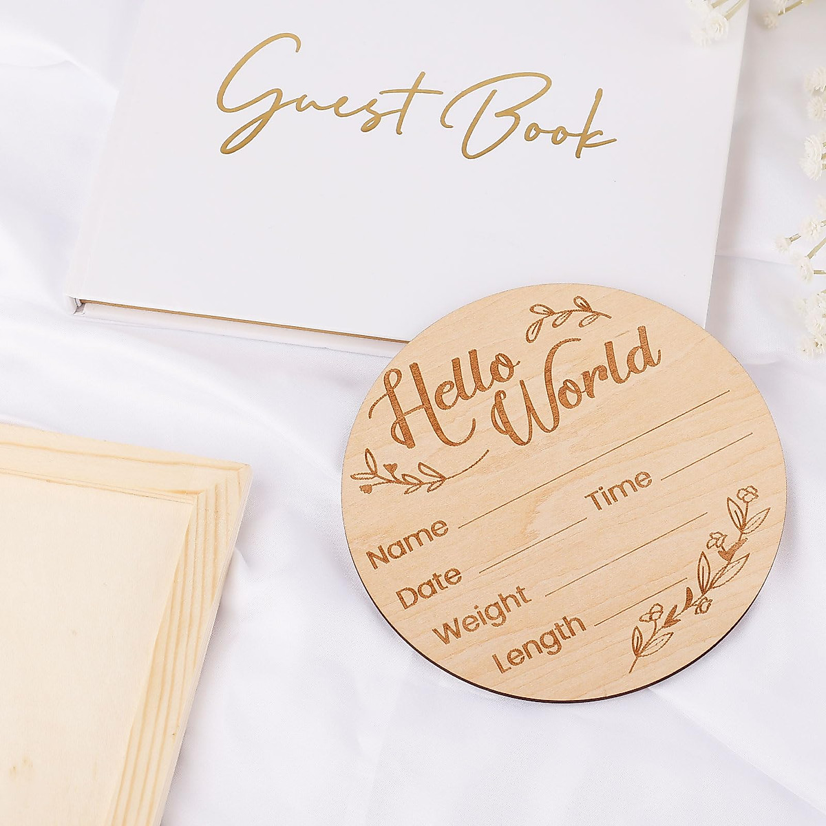 Wooden Baby Name Announcement Sign, 6inch Diameter Hello World Newborn Sign Birth Announcement Sign New Baby Sign for Hospital Nursery New Parents Baby Shower
