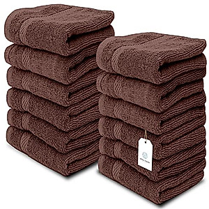 White Classic Luxury Hand Towels | 6 Pack Luxury Cotton Washcloths | 12 Pack Bundle (Brown)