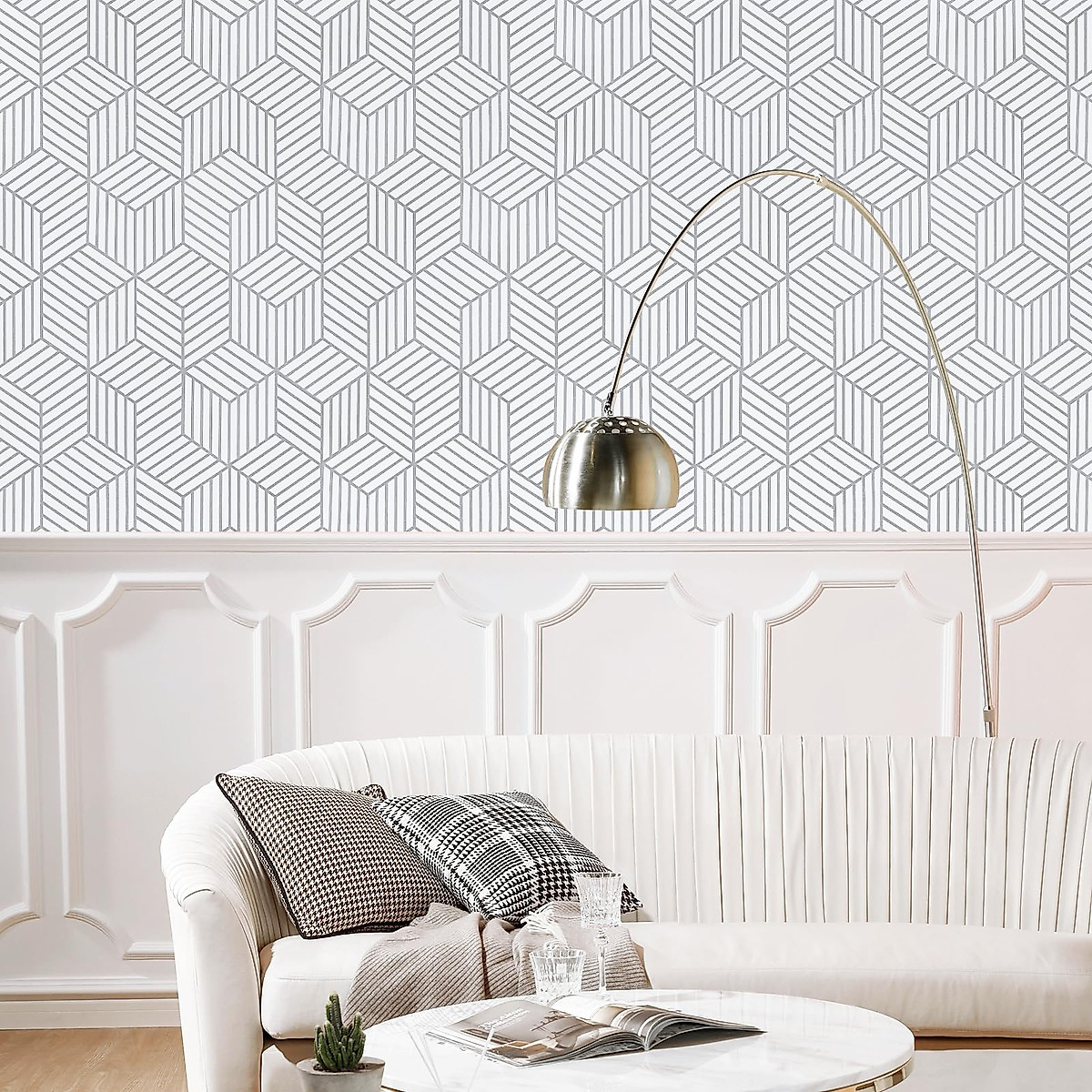 WENMER Geometric Hexagon Wallpaper Contact Paper 17.71 Inch x 118 Inch Geometric Hexagon Silver Peel and Stick Wallpaper Self Adhesive Wallpaper Vinyl Film Shelf Paper & Drawer Liner Roll for Home Use