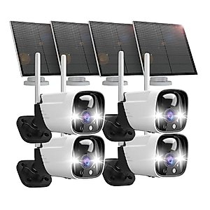 4 Pack Security Cameras Wireless Outdoor Solar Powered with AI Detection, 2K Color Night Vision Security Camera with 2 Way Audio, Work with Alexa, No Monthly Fee, Spotlight & Siren, IP65 Waterproof