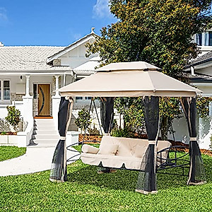 Outsunny 3-Seat Patio Swing Chair, Outdoor Gazebo Swing with Double Tier Canopy, Mesh Sidewalls, Cushioned Seat and Pillows, Beige