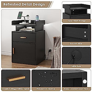Tcpuolr Nightstand with Charging Station & Cabinet Storage, Led Night Stand with Drawer & Open Shelf, Bedside Table with Top Baffle, End Table for Bedroom, Living Room, Black