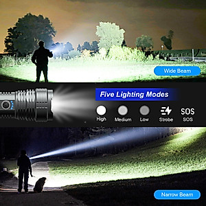 Bailinghai 200000 Lumen Super Bright Rechargeable Flashlight, XHP90.8 LED Chip, 5 Lighting Modes, 5000mAh Battery, IPX6 Waterproof, Digital Display, Durable Use, Easy to Carry, Impact Resistant