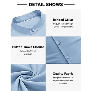 COOFANDY Mens Cotton Linen Mandarin Collar Shirts Long Sleeve Button Down Chambray Shirt Sky Blue