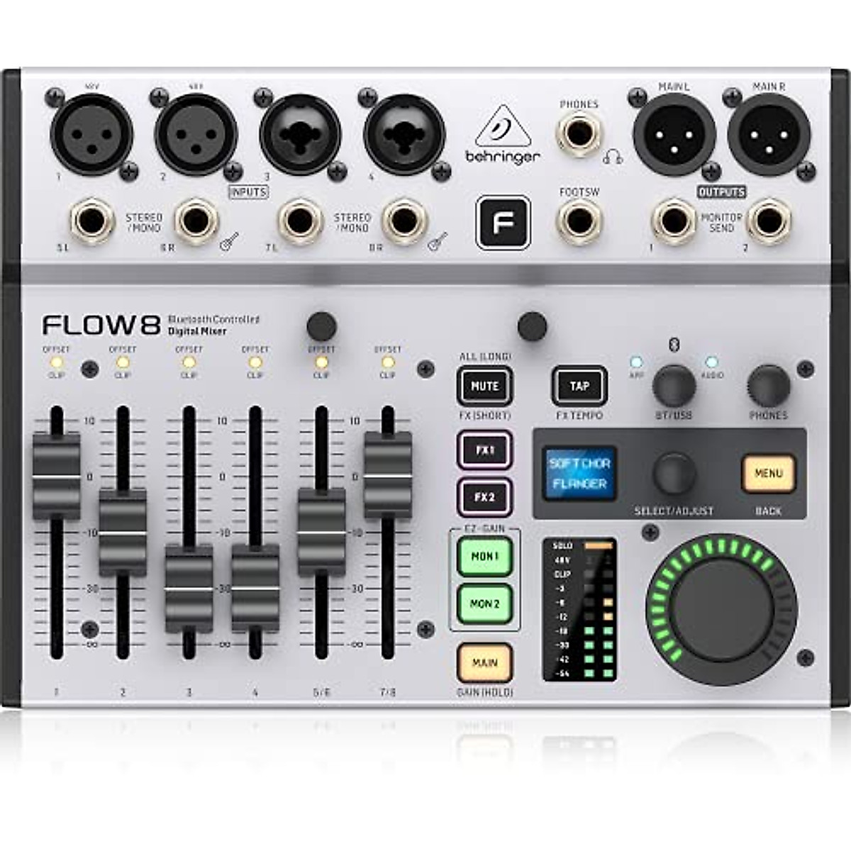 Behringer FLOW 8 8-Input Digital Mixer with Bluetooth Audio and App Control, 60 mm Channel Faders, 2 FX Processors and USB/Audio Interface