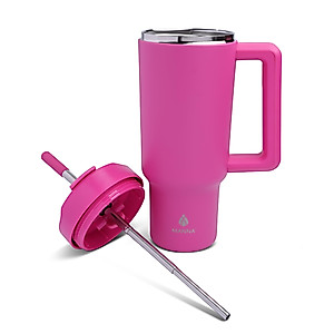 Manna Stainless Steel Double Wall Insulated Tumbler with Smart Seal Dual Sip Lid and Straw Fit Handle - 40 Oz - Bright Pink Powder Coat