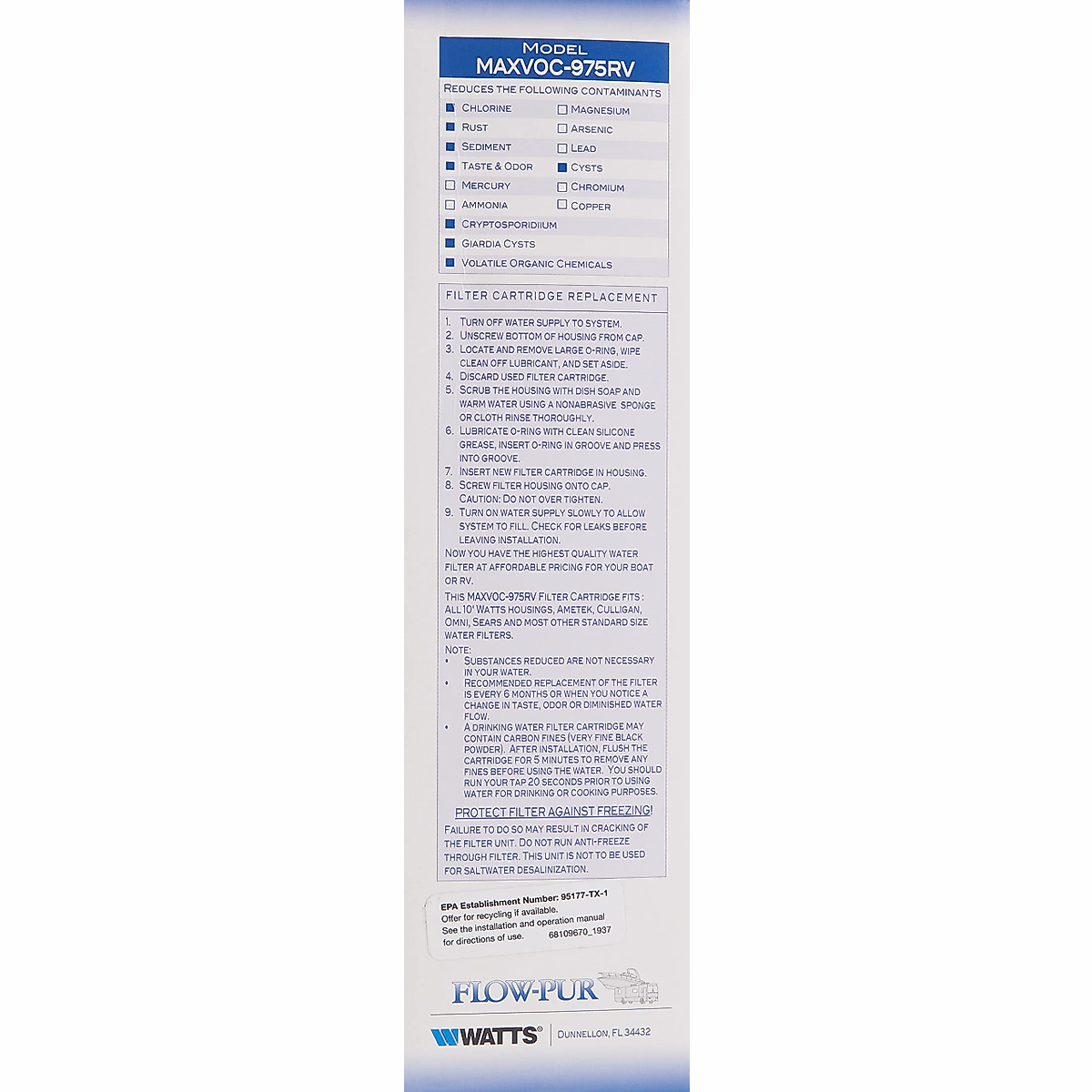 Watts Water Technologies MAXVOC-975RV 0.5 Micron Filter Cartridge