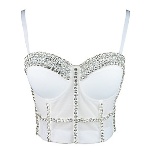 ELLACCI Women's Diamond Chain Mesh Bustier Crop Top Push Up Corset Top Bralet White Medium