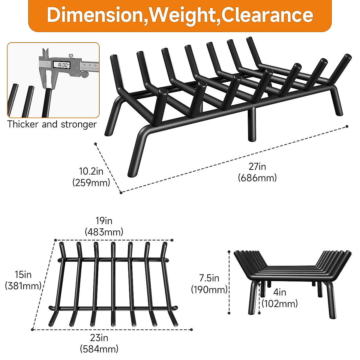 SUZLON Fireplace Grate 27 inch 7 Bar Fireplace Log Grate Heavy Duty Solid Steel Indoor Chimney Hearth with 6 Enhanced Stability Legs Kindling Tools Pit Wood Stove Firewood Burning Rack Holder