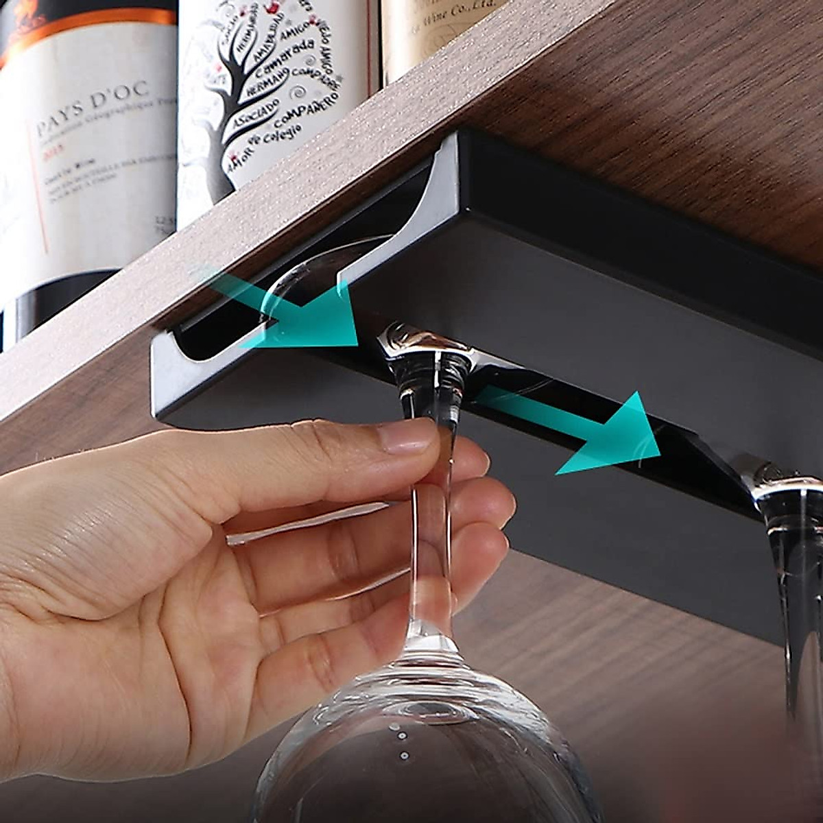 RIIPOO Wine Glass Rack Hanger Under Cabinet, Wine Glass Holder Under Shelf, Stemware Rack Black for Cabinet, 2-Pack